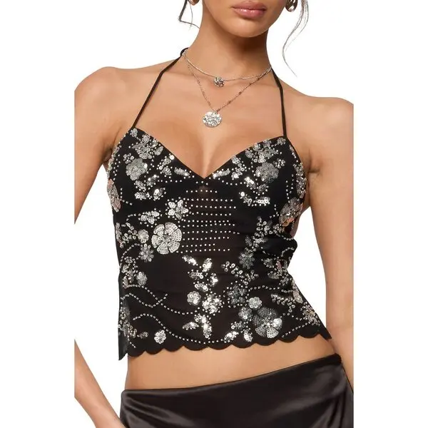 EDIKTED Sequin Beaded Halter Top - Black