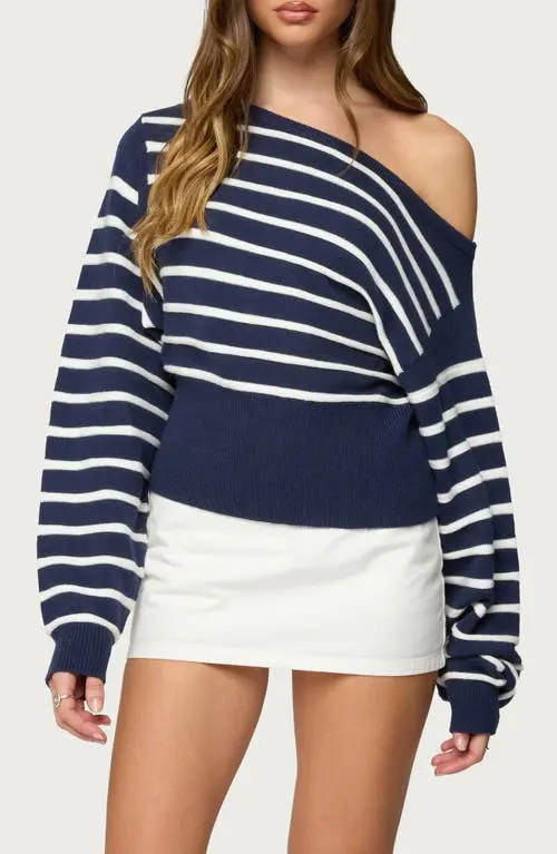 EDIKTED Striped Oversized Off-the-shoulder Sweater - Navy