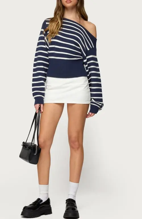 EDIKTED Striped Oversized Off-the-shoulder Sweater - Navy