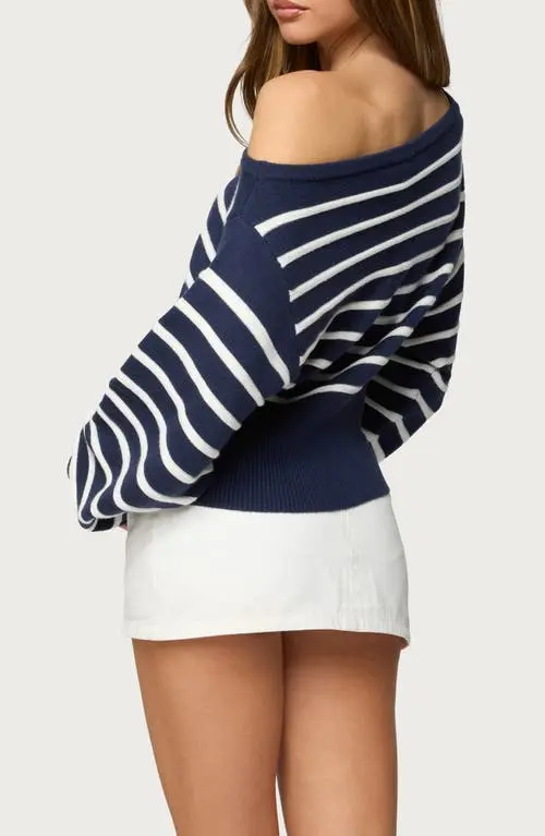EDIKTED Striped Oversized Off-the-shoulder Sweater - Navy