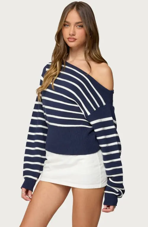 EDIKTED Striped Oversized Off-the-shoulder Sweater - Navy