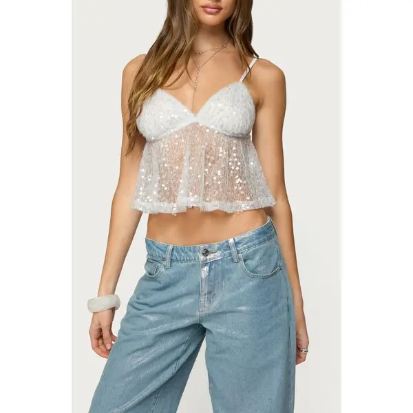 EDIKTED Sequin Mesh Babydoll Camisole - Silver