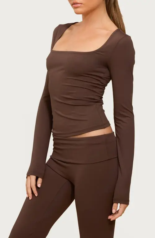 EDIKTED Square Neck Long Sleeve Crop Top - Brown