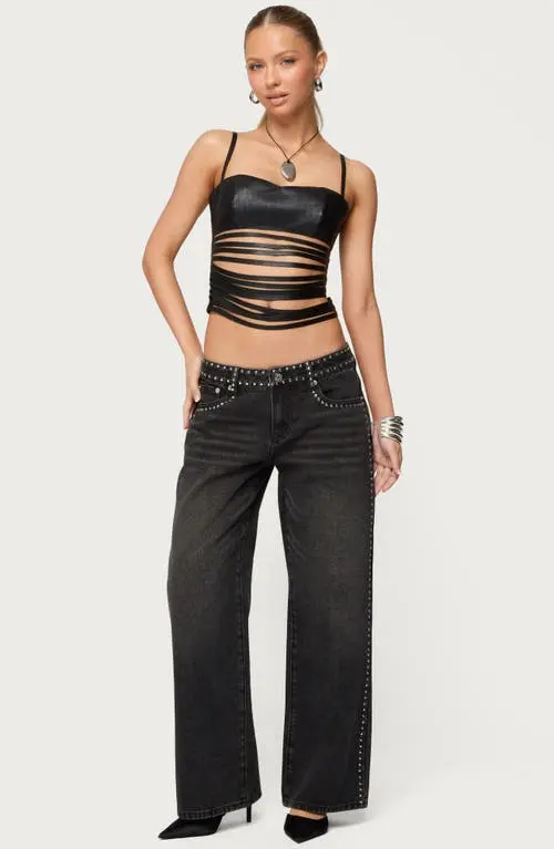 EDIKTED Faux Leather Shredded Bustier Top