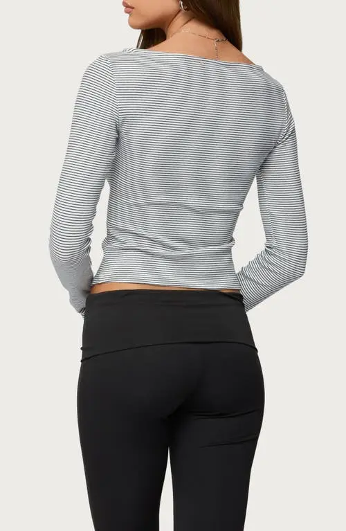 EDIKTED Striped Boat Neck Long Sleeve Top - White-and-black