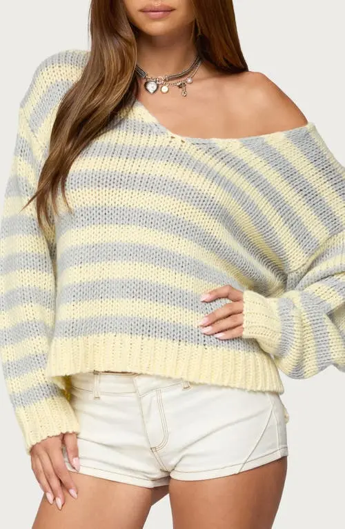 EDIKTED Striped Oversized Off-the-shoulder Sweater - Yellow