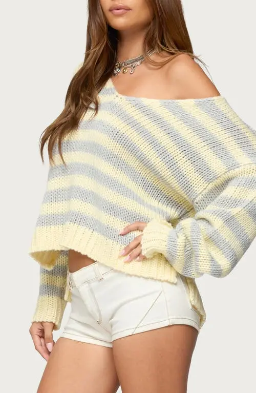 EDIKTED Striped Oversized Off-the-shoulder Sweater - Yellow
