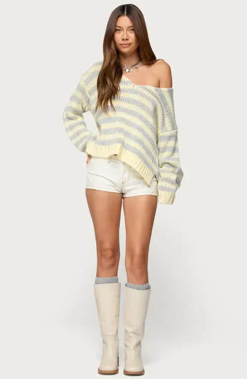EDIKTED Striped Oversized Off-the-shoulder Sweater - Yellow