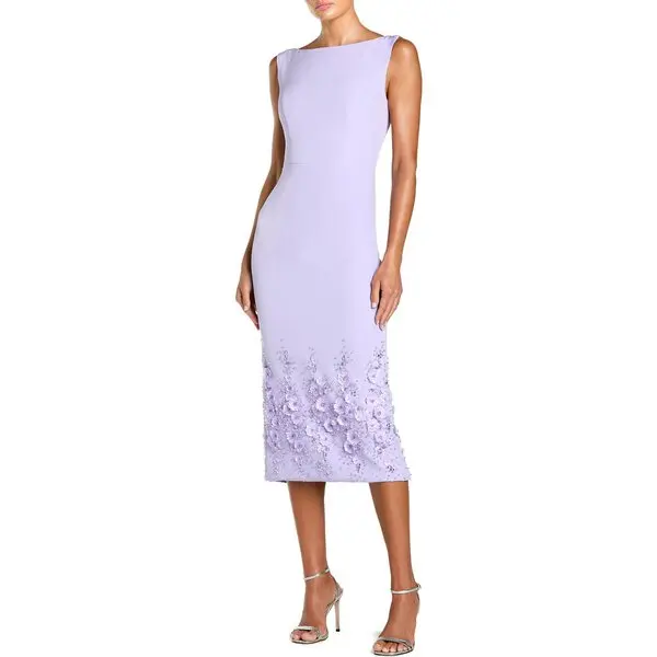 Mac Duggal Sleeveless Floral Beaded Crepe Midi Dress - Lilac