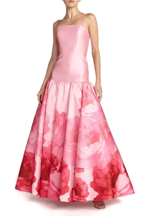 Mac Duggal Printed Mikado Strapless Ballgown - Blush Multi