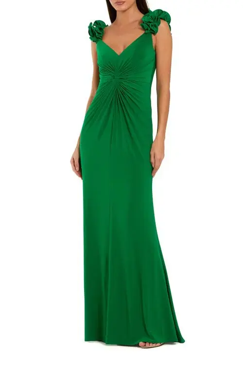 Mac Duggal Jersey V-neck Gown With 3d Flower Straps - Spring Green