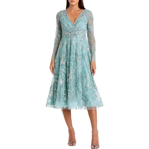 Mac Duggal Floral Embroidered V-neck Midi Dress - Seafoam