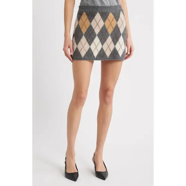 FRAME The Brushed Argyle Wool & Cashmere Skirt - Grey Multi