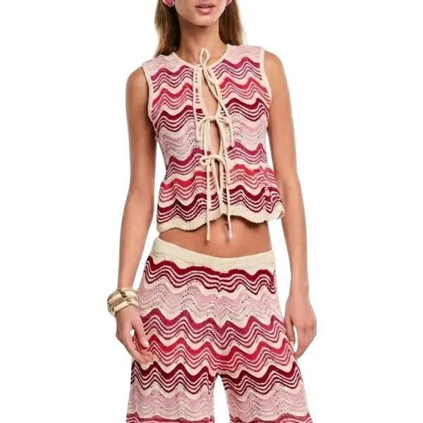 CAPITTANA Kari Tie Front Crop Pointelle Cover-up Top - Pink