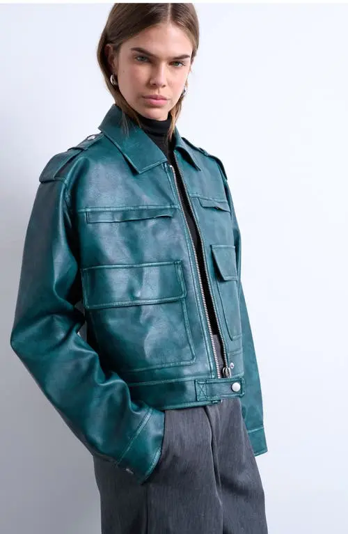 Topshop Washed Faux Leather Zip Jacket