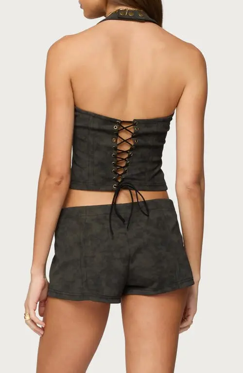 EDIKTED Taia Distressed Faux Leather Crop Corset