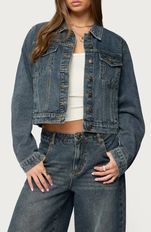 EDIKTED Barb Crop Nonstretch Denim Jacket - Dark-blue