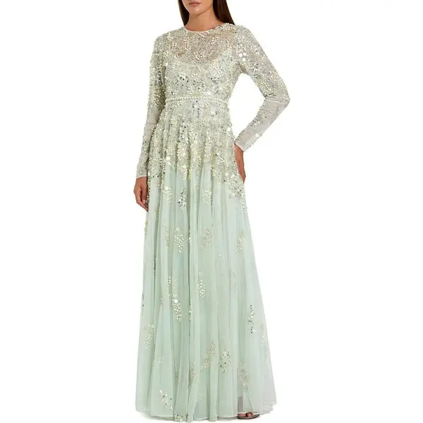 Mac Duggal Long Sleeve Embellished Gown