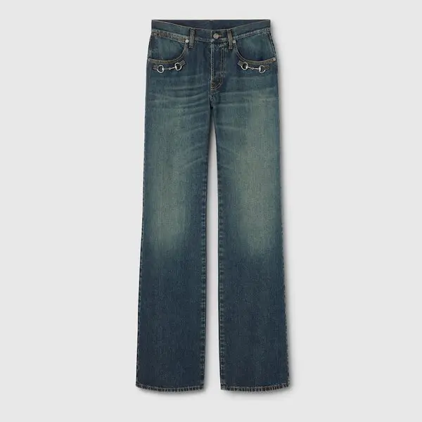 Gucci Cotton Denim Pants With Horsebit - Blue