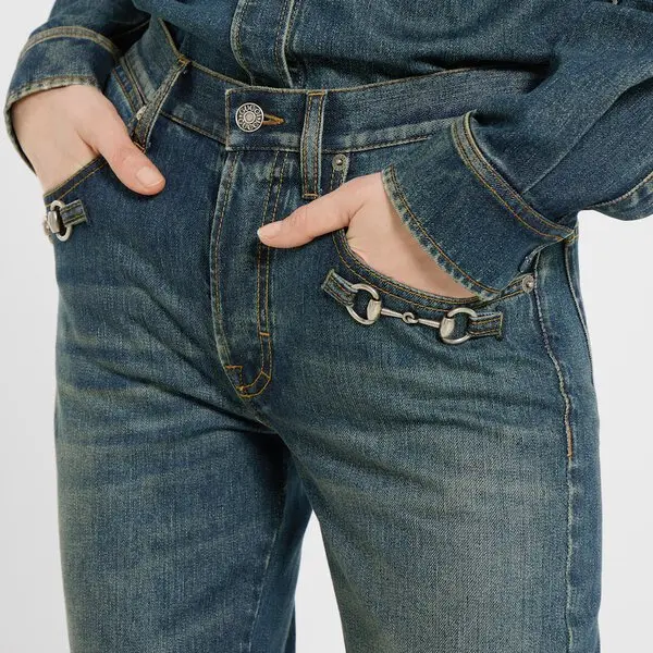Gucci Cotton Denim Pants With Horsebit - Blue