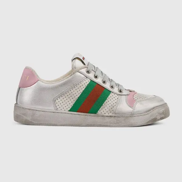 Gucci Screener Metallic Leather Sneakers With Worn-out Effect - Silver