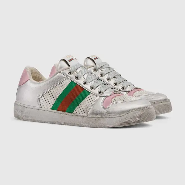 Gucci Screener Metallic Leather Sneakers With Worn-out Effect - Silver