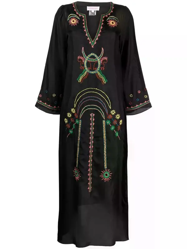Muzungu Sisters Embroidered Split-neck Silk Dress