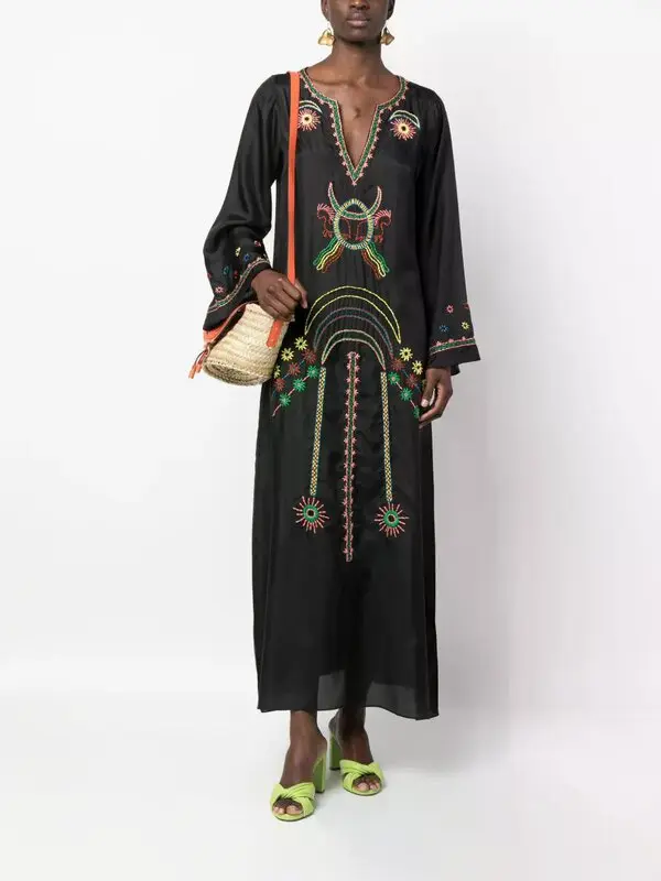 Muzungu Sisters Embroidered Split-neck Silk Dress