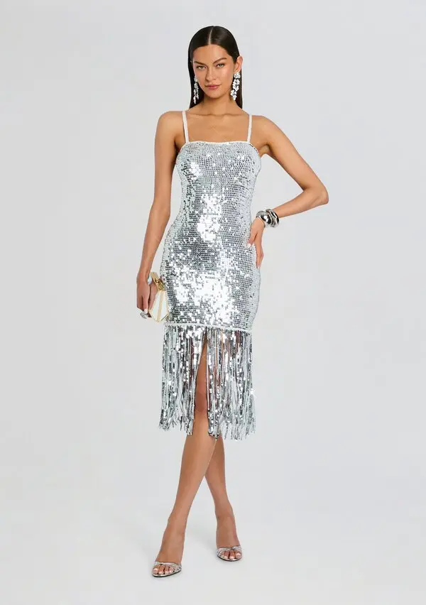 Retrofete Nalu Sequin Fringe Crochet Dress - White/silver