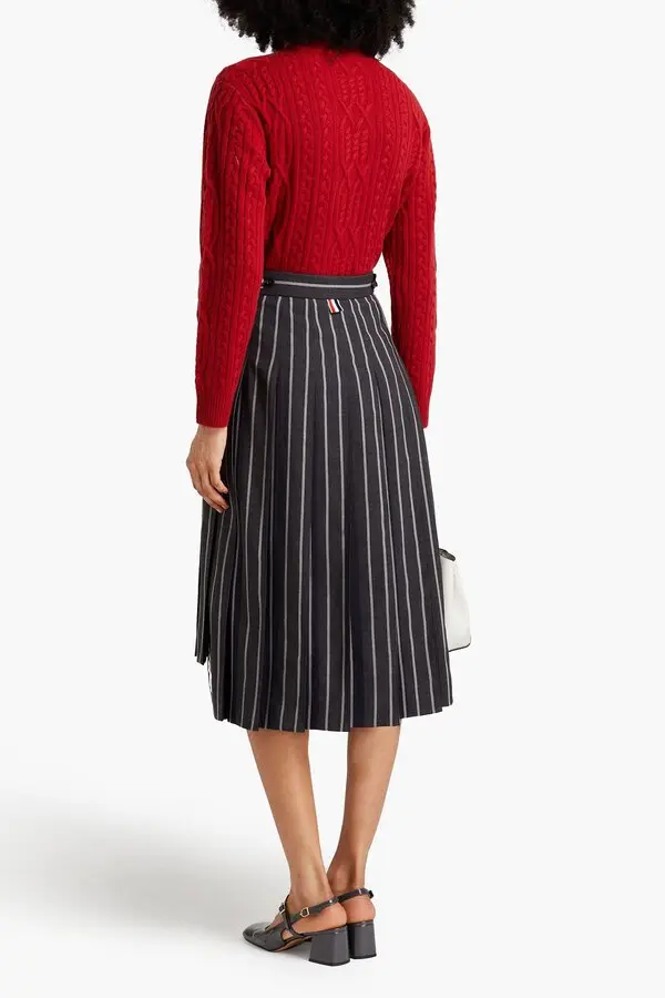 Thom Browne Pleated Striped Wool Midi Skirt