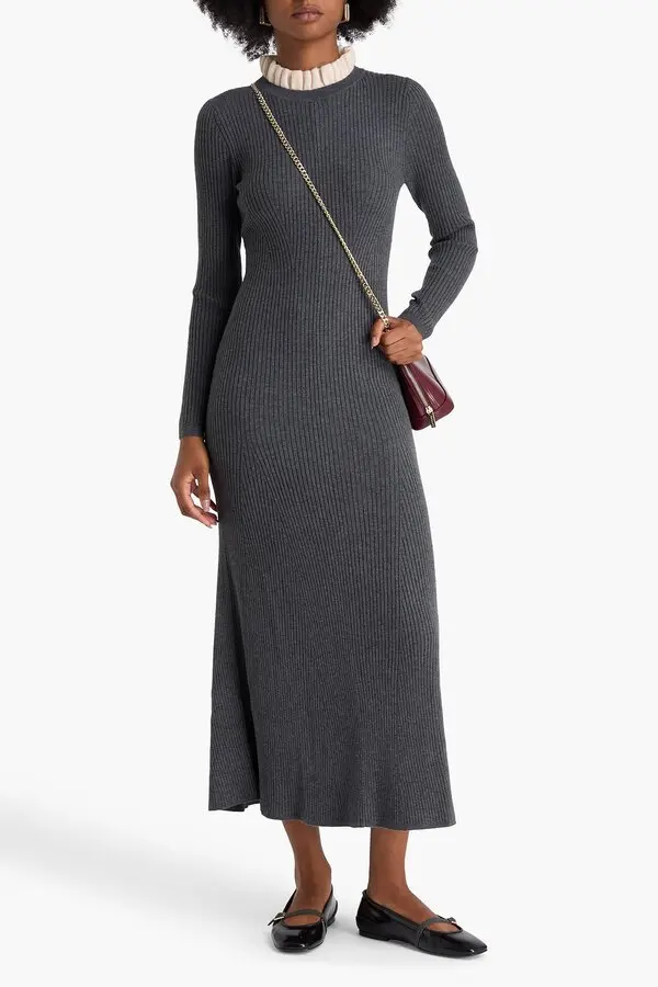 Sandro Ribbed-knit Midi Dress With Ruffled Trims