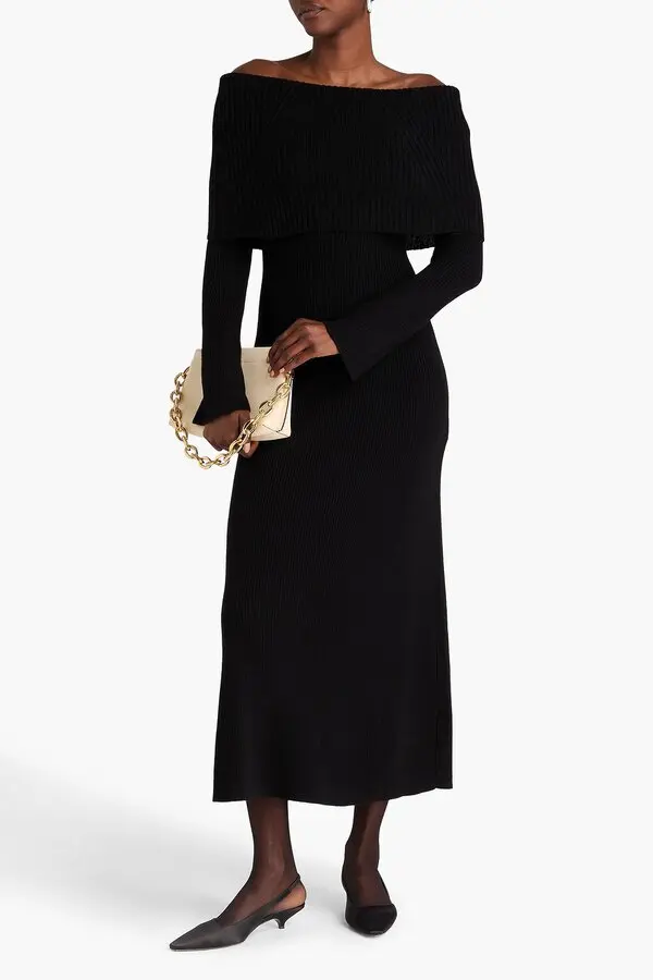 Maje Ribbed-knit Midi Dress With Pointelle Trims