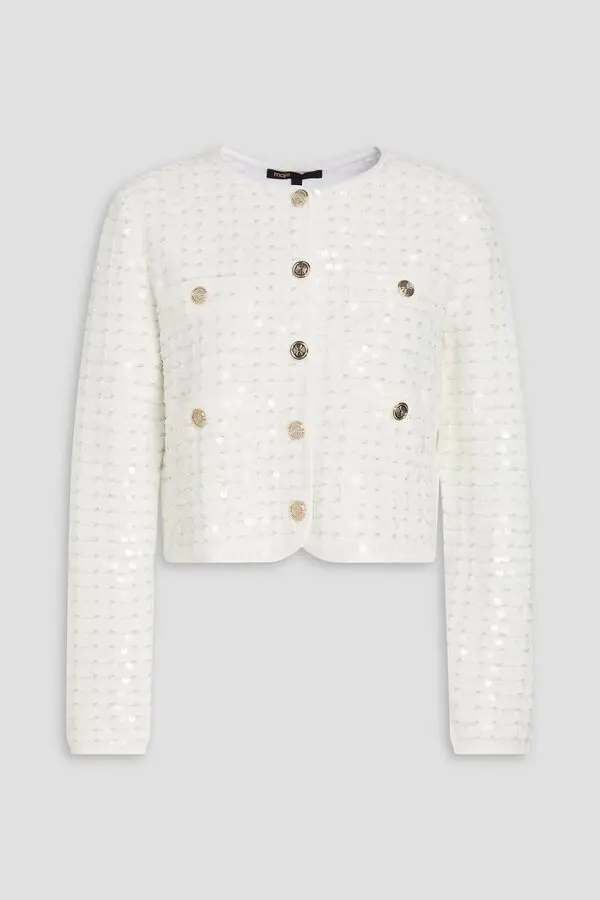 Maje Cropped Sequin-embellished Bouclé-knit Cardigan - Ivory