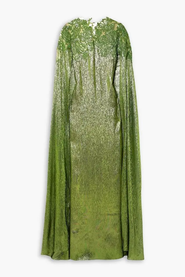 Oscar De La Renta Capeeffect Embellished Silkblend Lamé Gown - Leaf Green