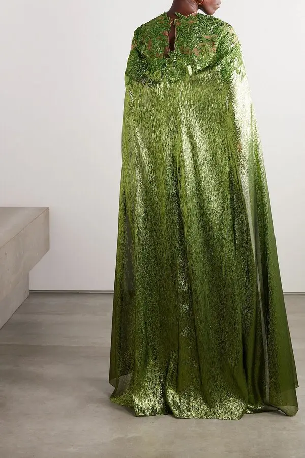 Oscar De La Renta Cape-effect Embellished Silk-blend Lamé Gown