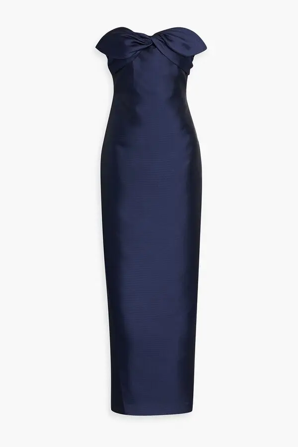 Badgley Mischka Strapless Bow-detailed Jacquard Gown - Navy