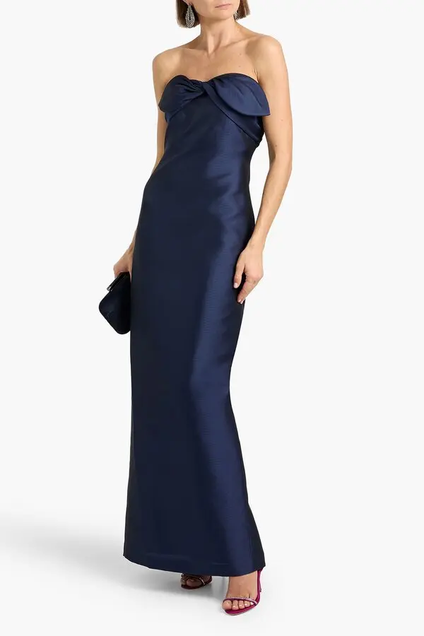 Badgley Mischka Strapless Bow-detailed Jacquard Gown - Navy