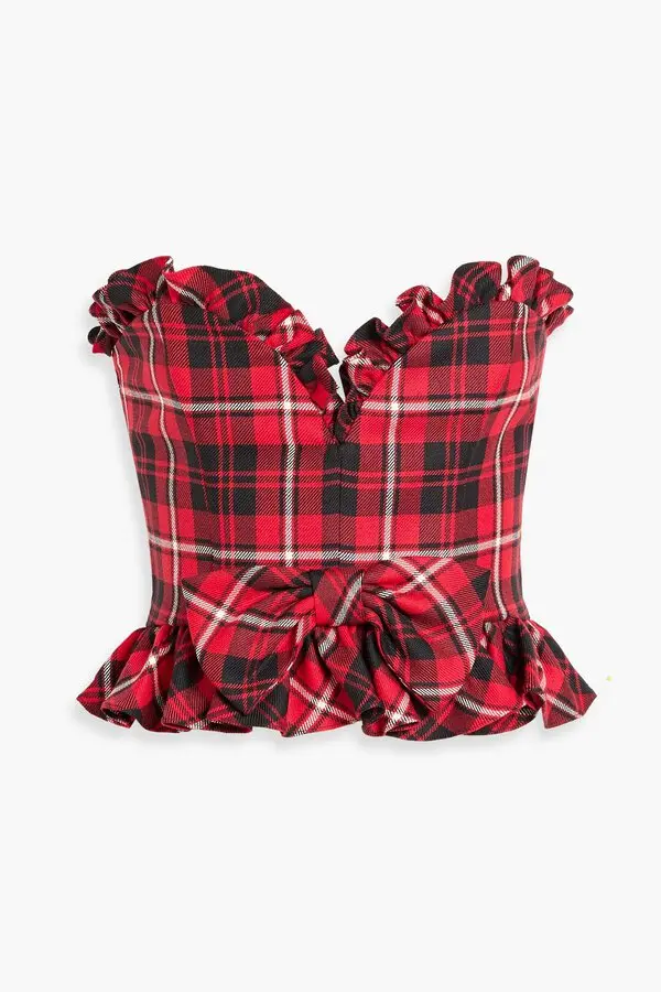 Alessandra Rich Strapless Ruffled Checked Wool Top