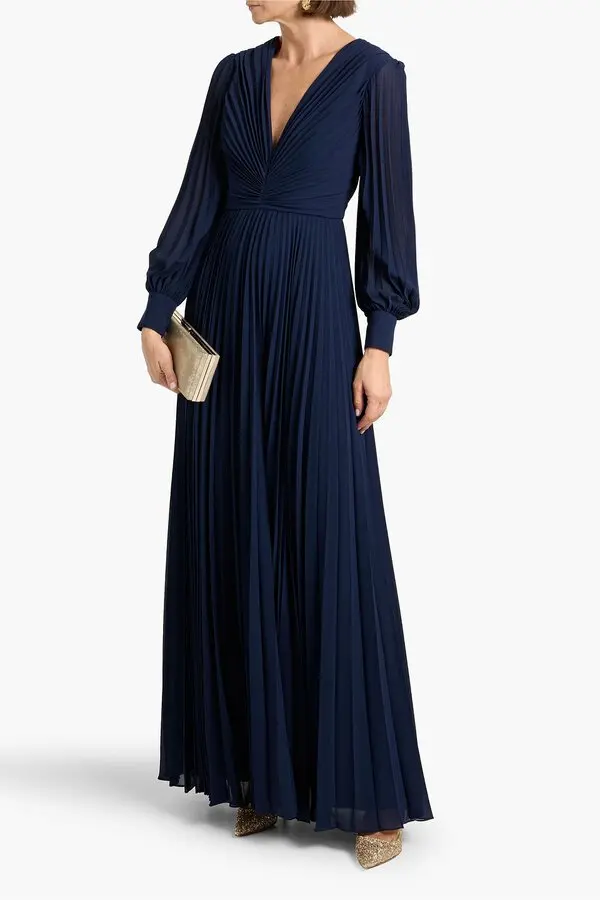 Badgley Mischka Pleated Crepe De Chine Maxi Dress