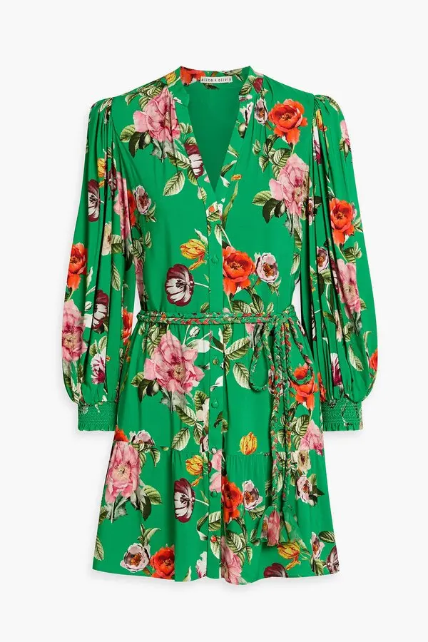 Alice + Olivia Floral-print Crepe De Chine Mini Dress - Green