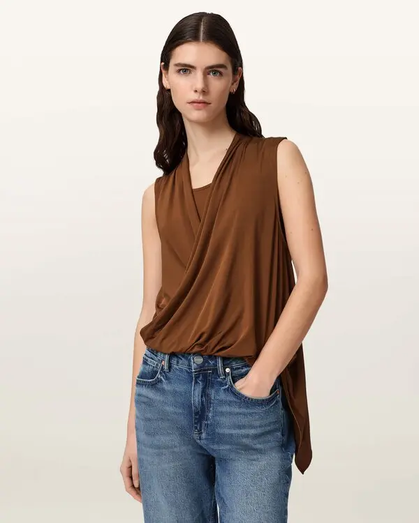 ALLSAINTS Adaline V-neck Wrap Top - Cognac Brown
