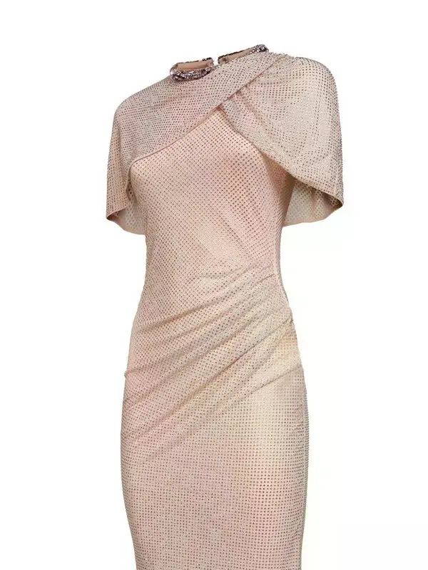 SELF-PORTRAIT Asymmetric Draped Rhinestone Dress - Neutrals