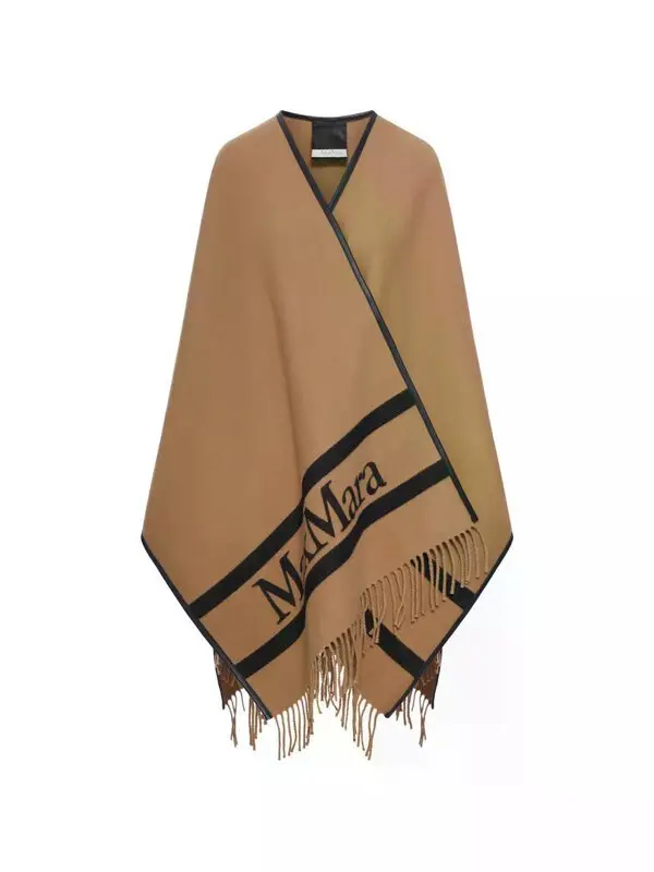 Max Mara Hilde Fringed Logo Poncho - Neutrals