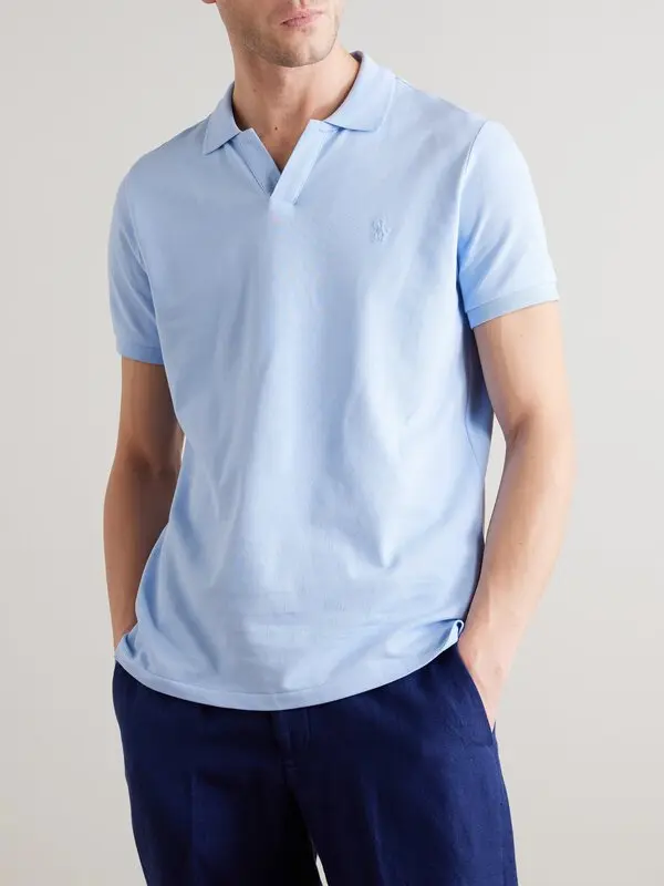 Polo Ralph Lauren Open Collar Logo Embroidered Cotton-blend Piqué Polo Shirt - Blue