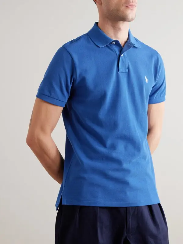 Polo Ralph Lauren Logo Embroidered Cotton Piqué Polo Shirt - Blue