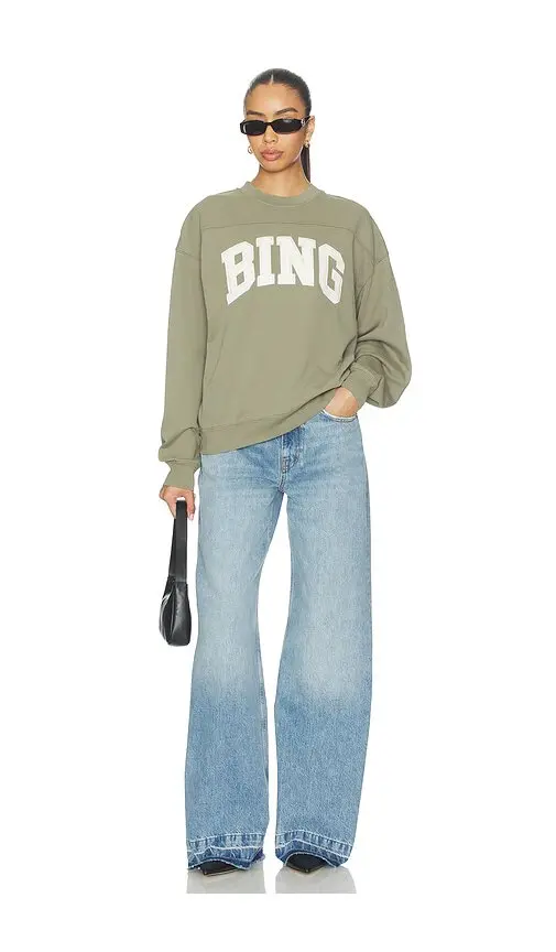 ANINE BING Sage Cotton "bing" Embroidered Sweatshirt