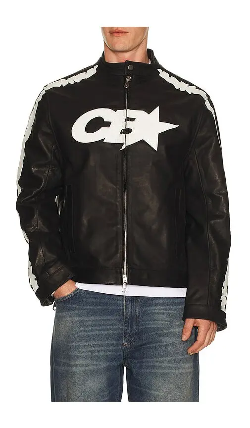 COLE BUXTON Decal Racer Leather Jacket - Black & White