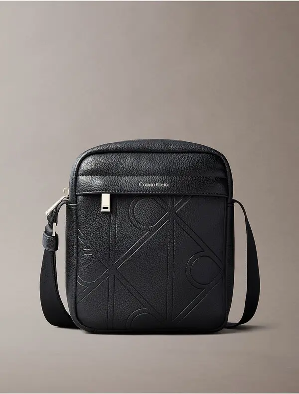 Calvin Klein Allover Embossed Emblem Logo Reporter Bag - Black