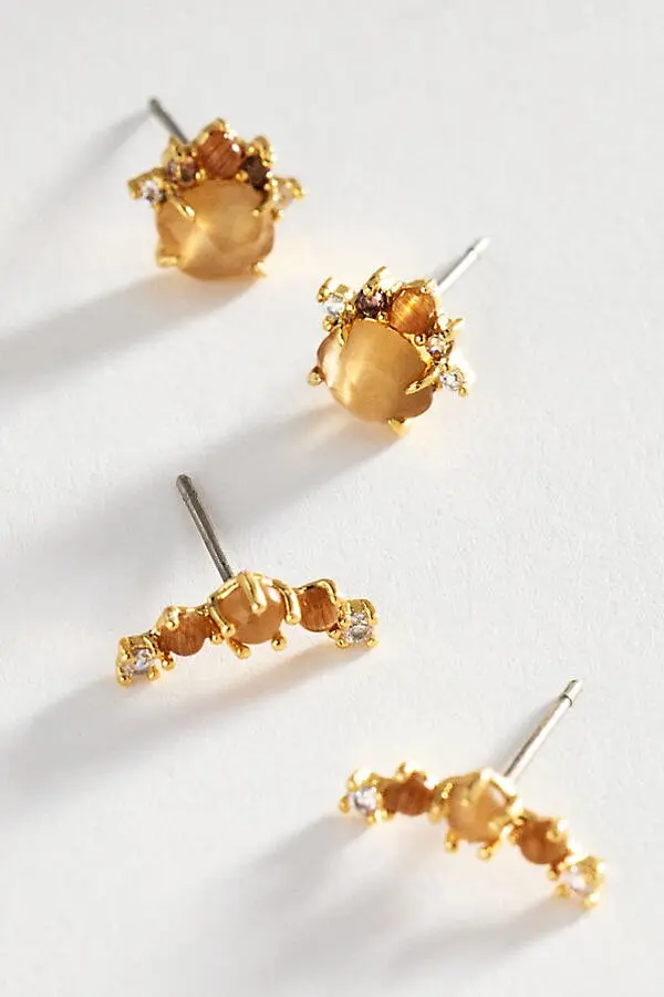 Anthropologie Crystal Post Earrings Set - Brown
