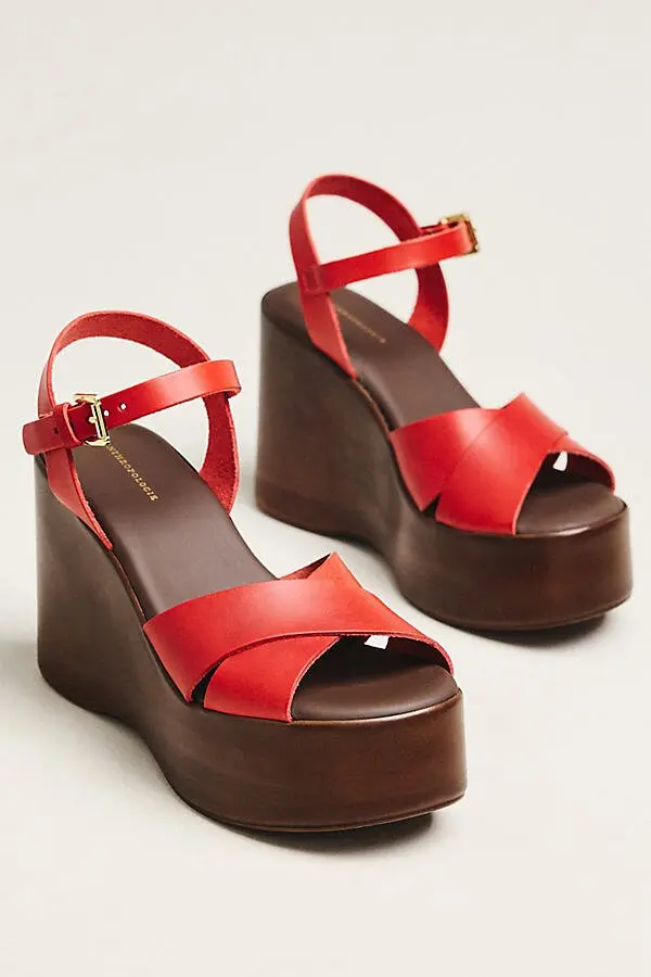 Anthropologie Wood-bottom Platform Wedge Heels - Red/black